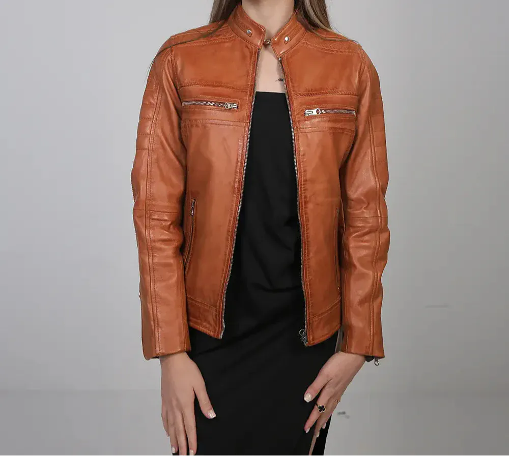 Womens Austin Tan Motorcycle Leather Jacket – Decrum