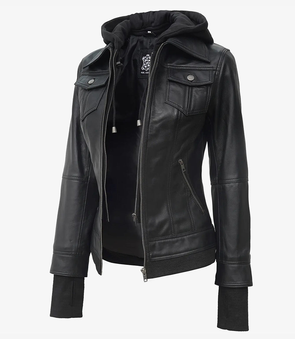 Veste de moto noire pour femme avec capuche amovible – Decrum
