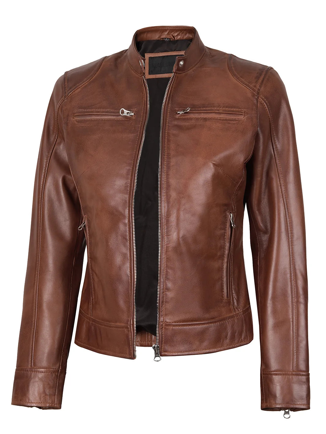 Womens Cognac Brown Real Leather Jacket – Biker Style – Decrum
