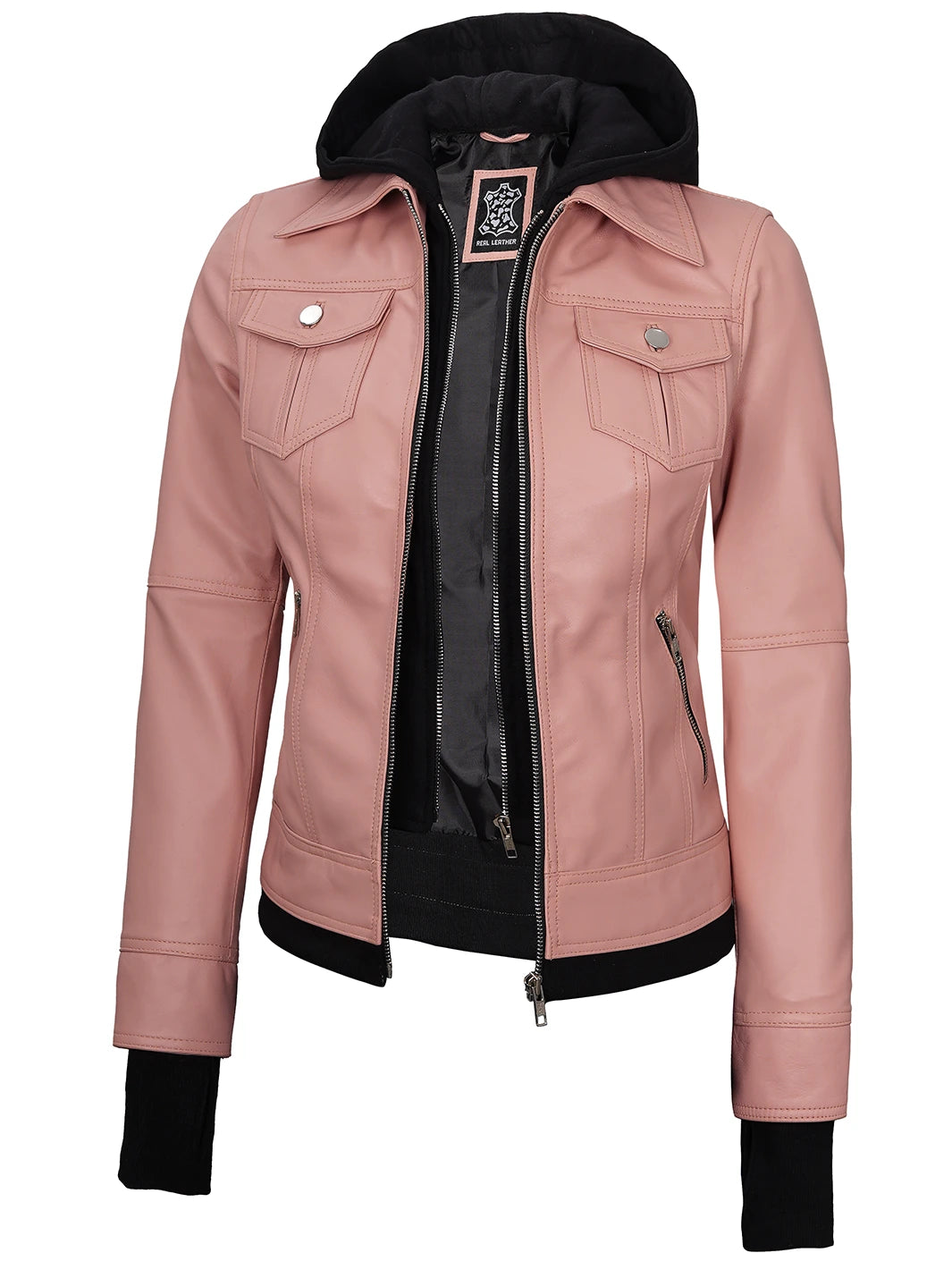 Real Leather Womens Pink Bomber Jacket with Removable Hood – Decrum
